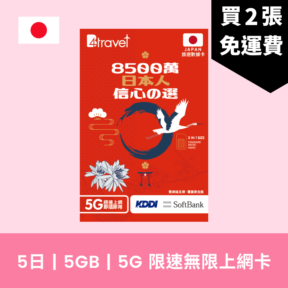 B4travel 日本 5日 5GB 雙網絡 5G 無限上網電話卡