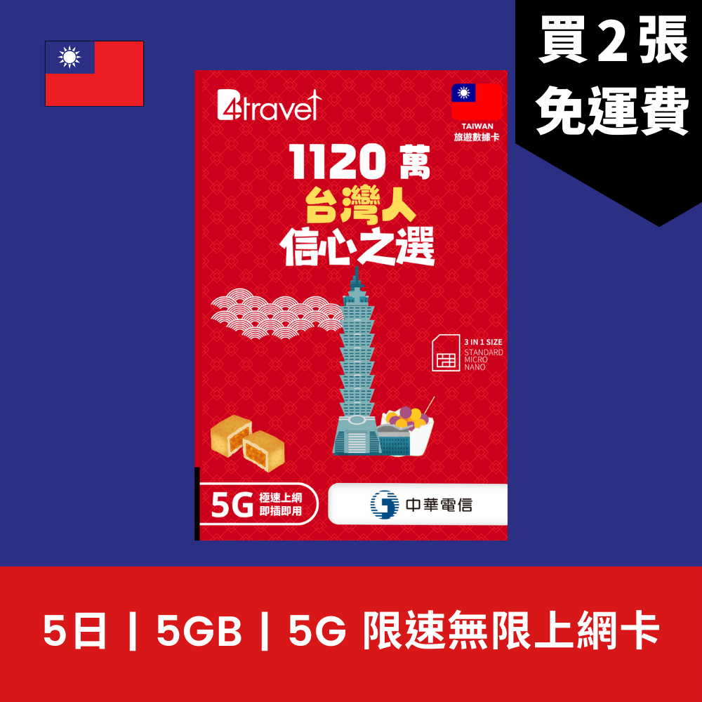 B4travel 台灣 5日 5GB 5G 無限上網電話卡