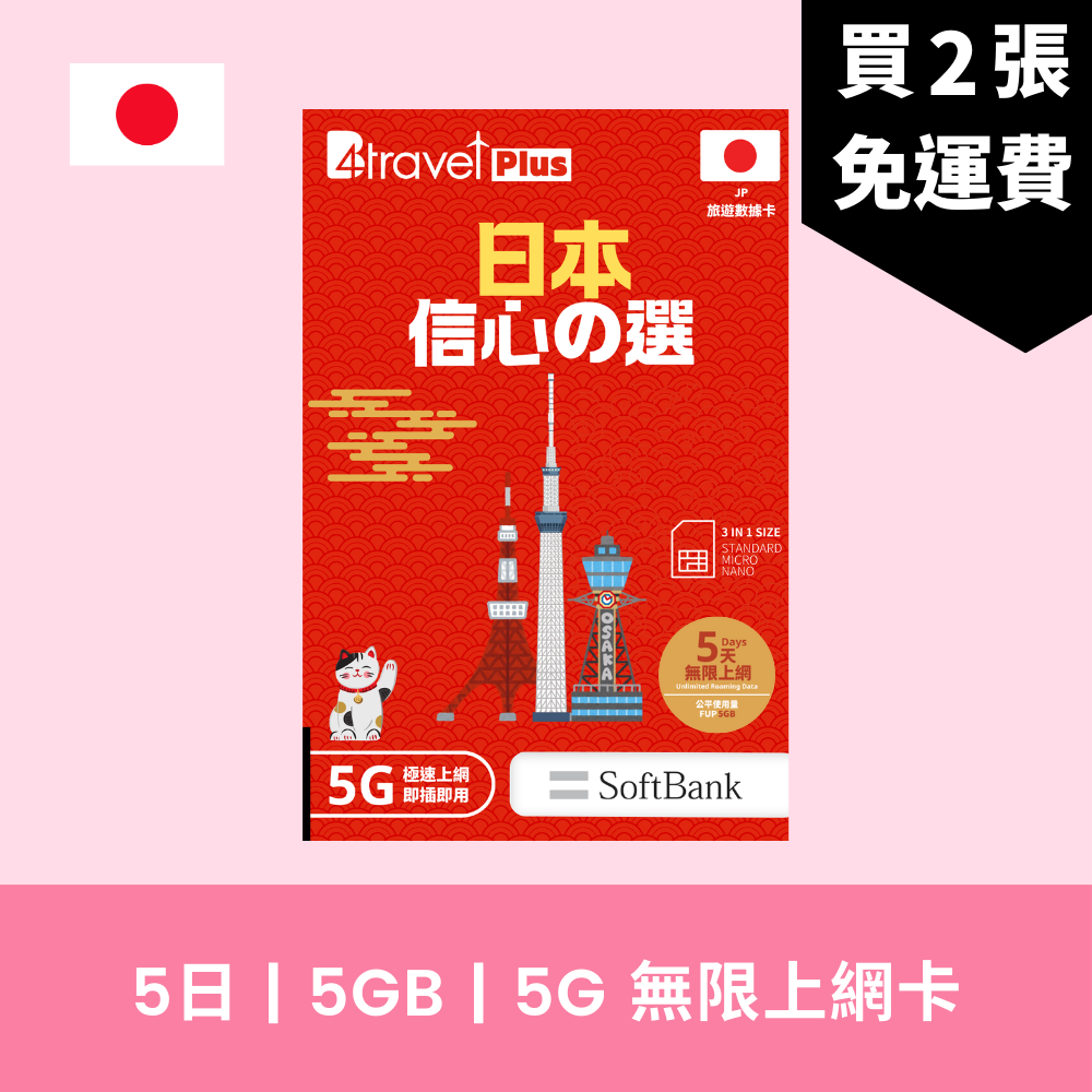 B4travel 日本 5日 5GB 雙網絡 5G 無限上網電話卡
